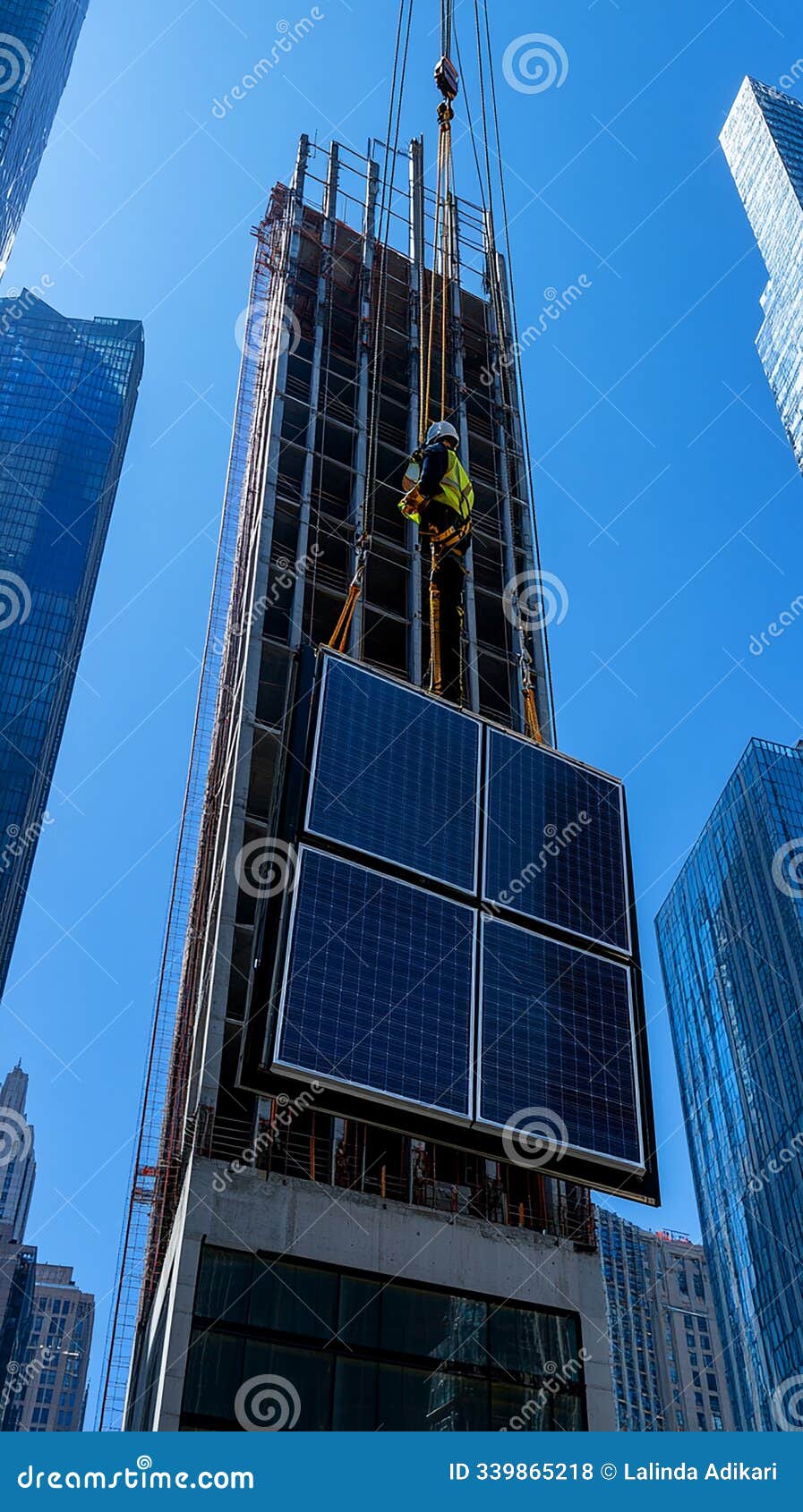 Construction Workers Lifting Solar Panels with a Crane Stock ...