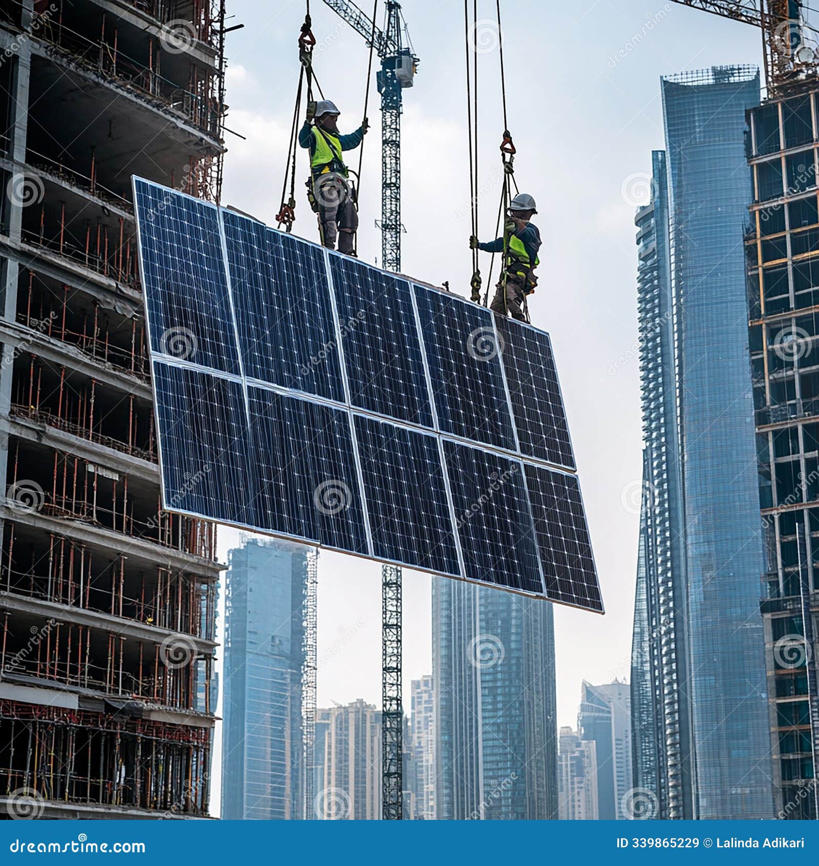 Construction Workers Lifting Solar Panels with a Crane Stock ...