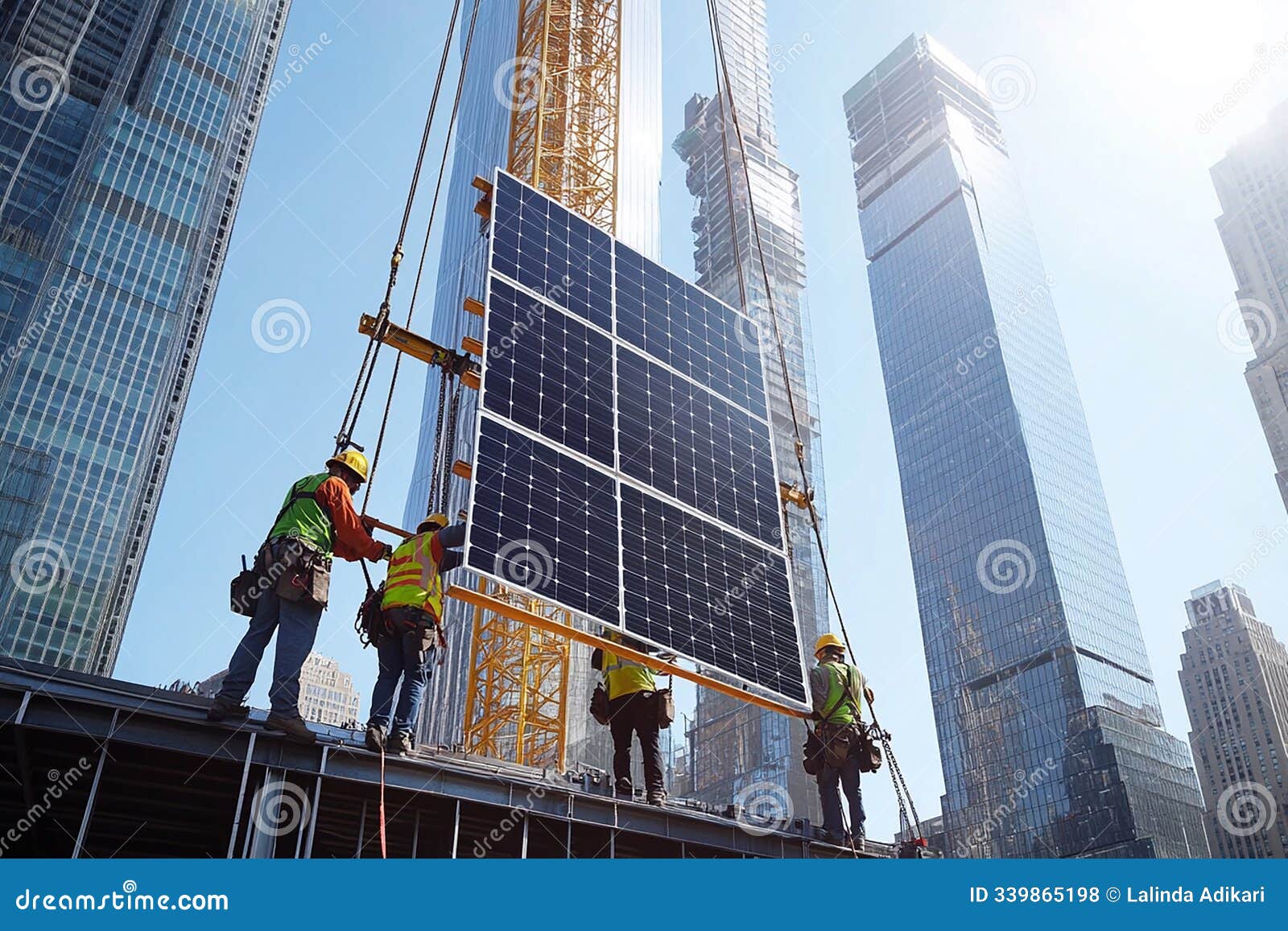 Construction Workers Lifting Solar Panels with a Crane Stock ...