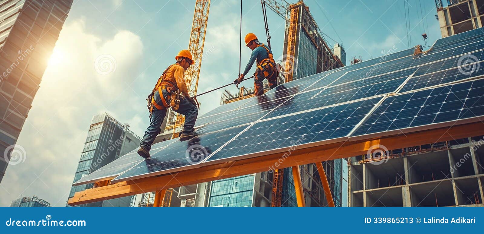Construction Workers Lifting Solar Panels with a Crane Stock ...