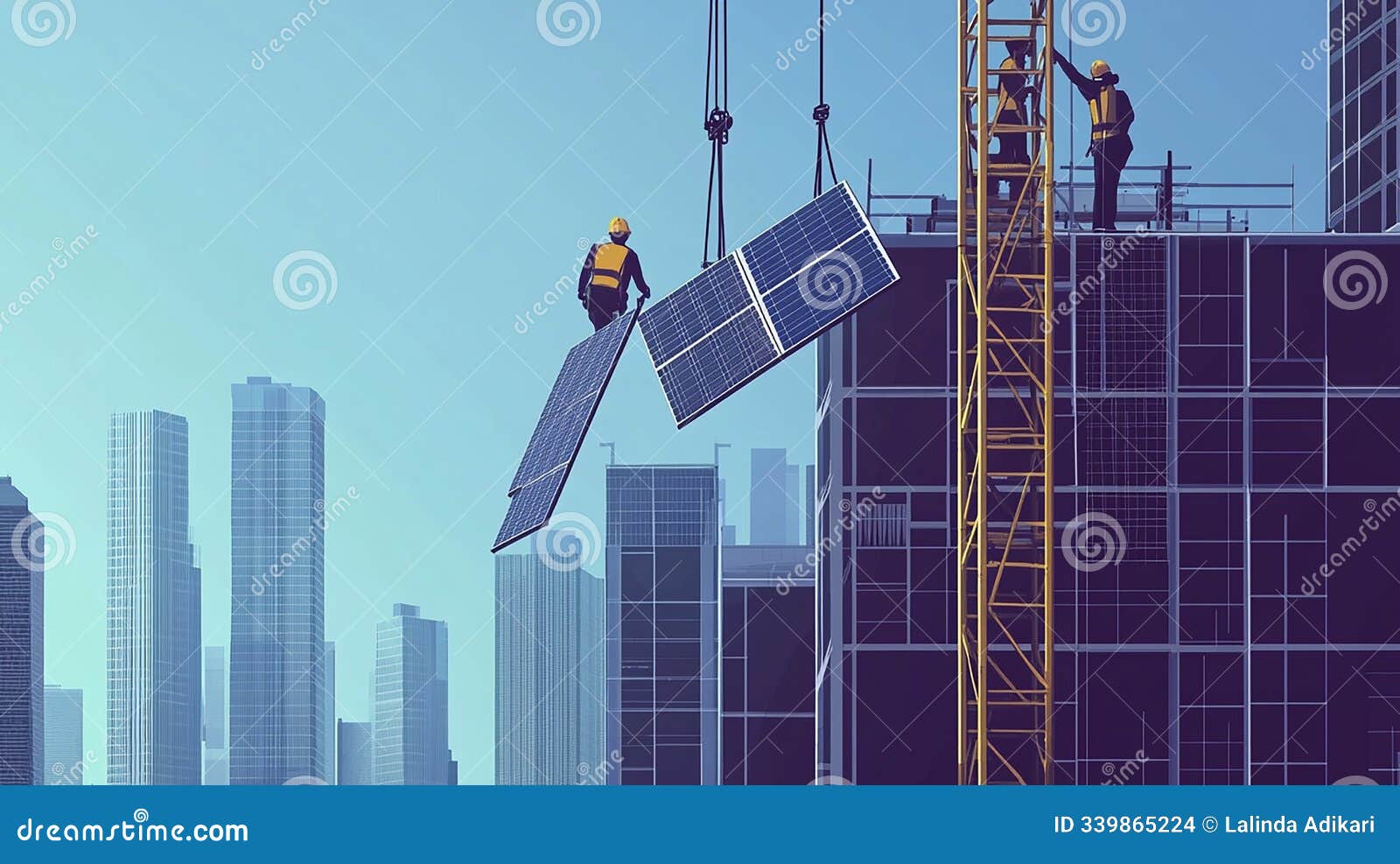 Construction Workers Lifting Solar Panels with a Crane Stock ...