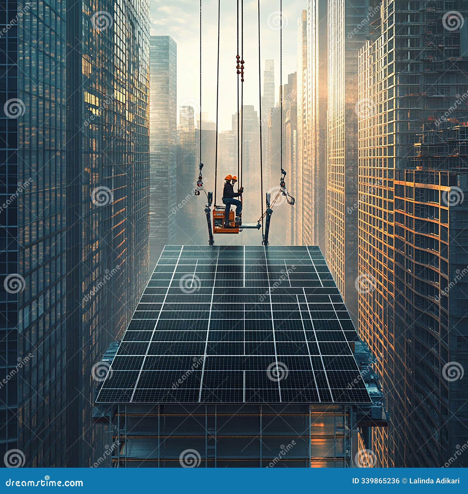 Construction Workers Lifting Solar Panels with a Crane Stock ...