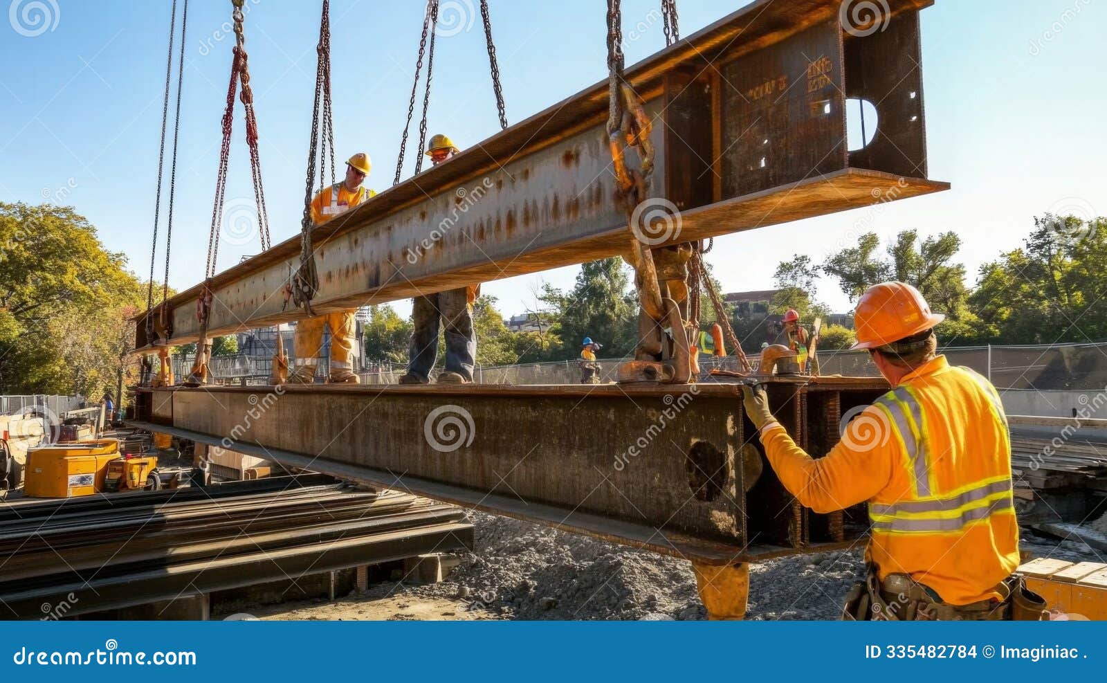 Construction Workers Lifting Steel Beam With Chains Stock Photography ...
