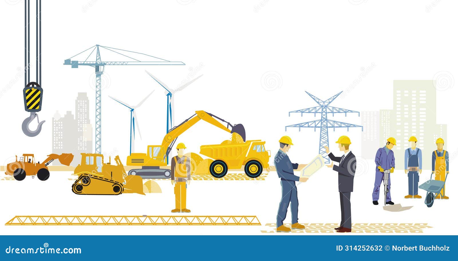 Construction Workers on the Line Construction Site, Illustration Stock ...