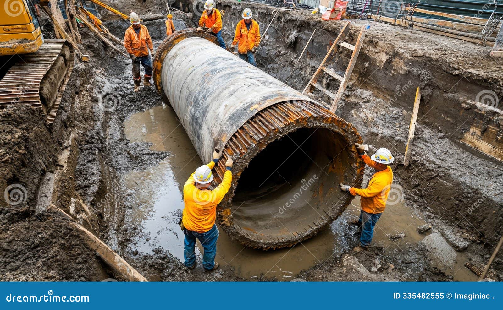 Construction Workers Lowering a Large Pipe into a Trench Stock ...