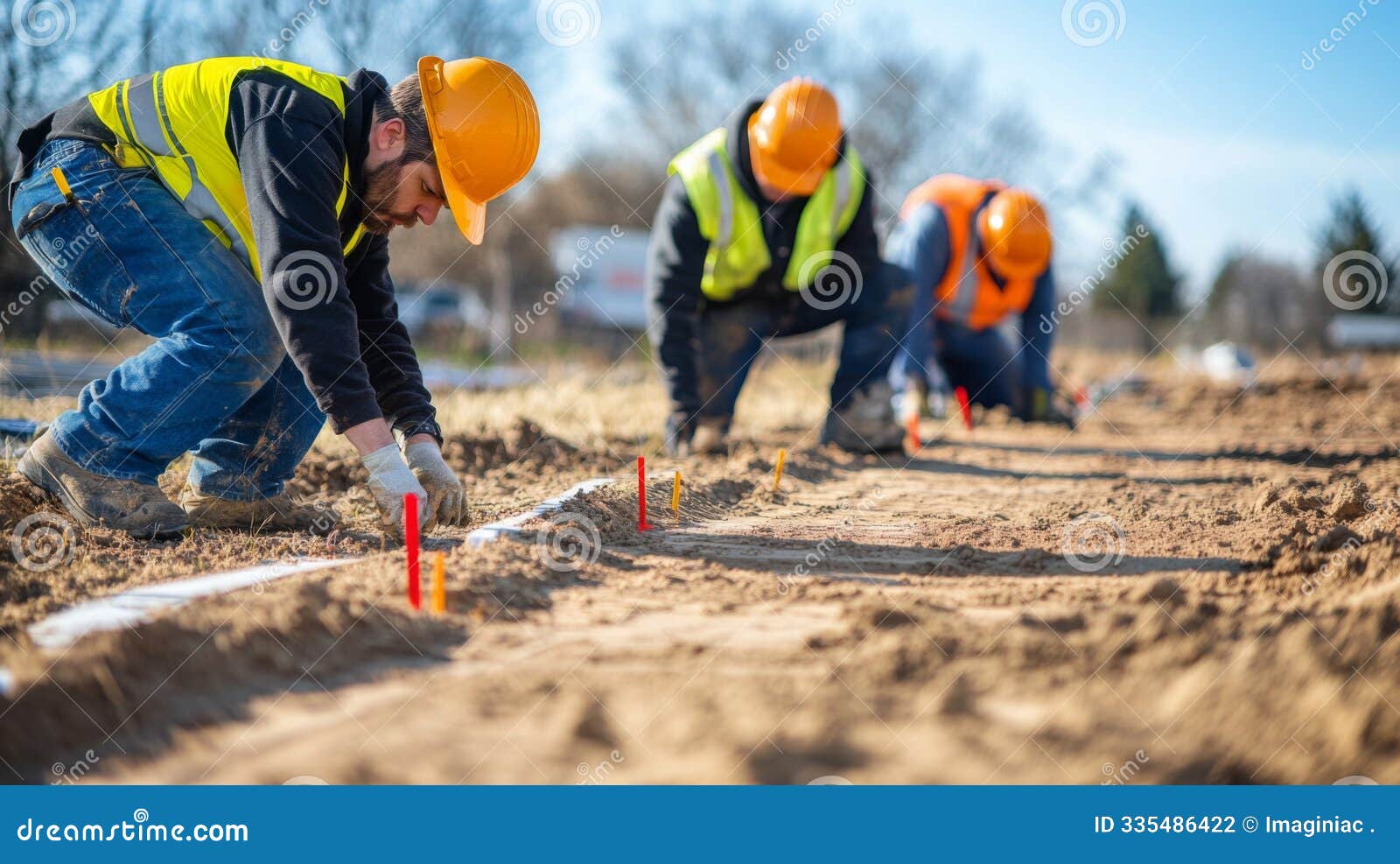 Construction Workers Marking a Line in the Ground with Stakes Stock ...