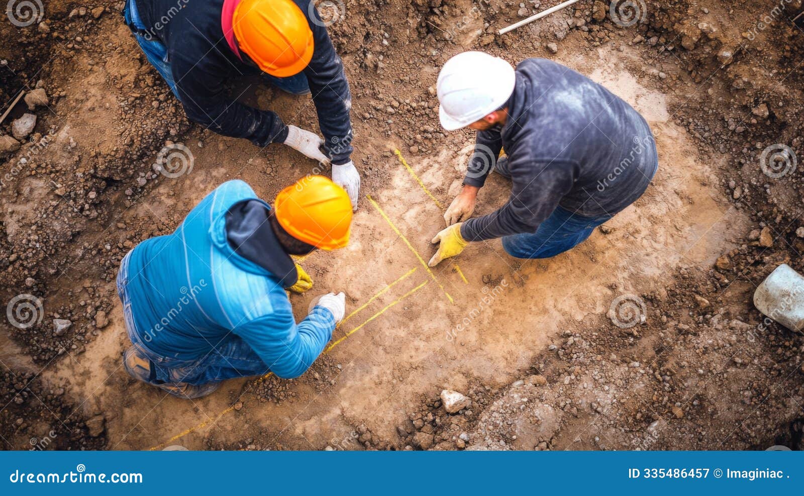Construction Workers Marking Out a Foundation on a Dirt Ground Stock ...