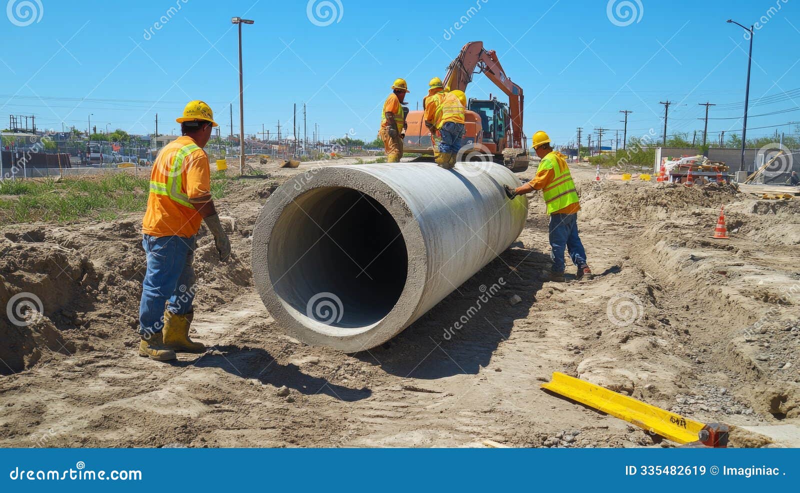 Construction Workers Moving a Large Concrete Pipe with Excavator Stock ...