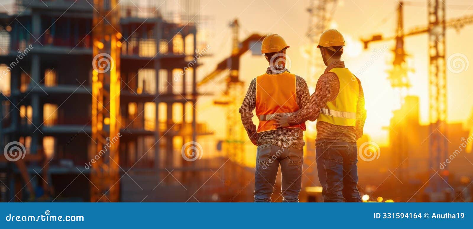 Construction Workers Observing Building Progress at a Sunrise ...