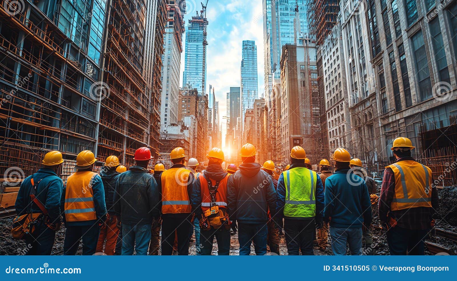Workers Observing Illuminated 2025 Sign Installation Process Royalty ...