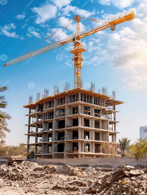 Construction Workers Operating Cranes and Building Progress Teamwork in Action Essential ...