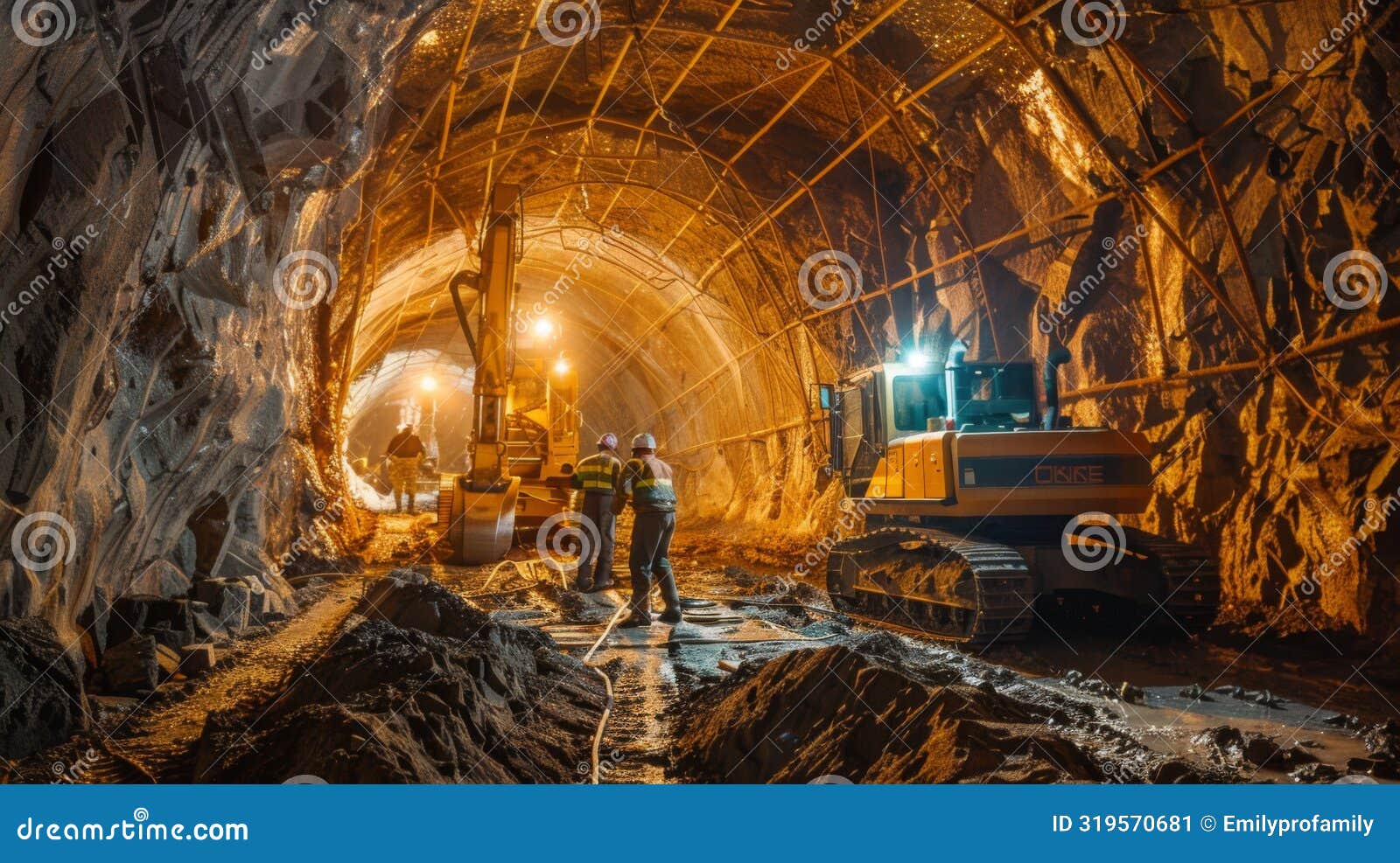 Construction Workers Building a Tunnel with Excavators Underground at ...