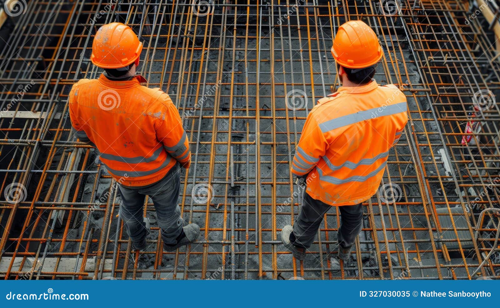Construction Workers in Orange Safety Gear Standing on a Metal ...