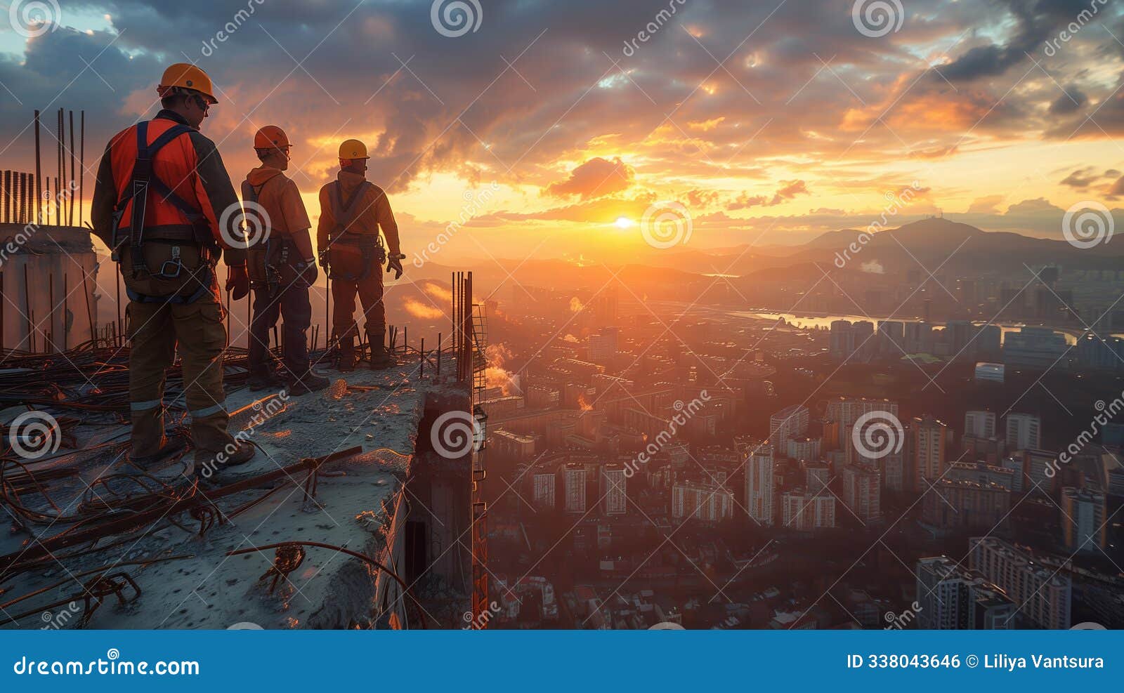 Construction Workers Overlooking the Cityscape at Sunset from a High ...
