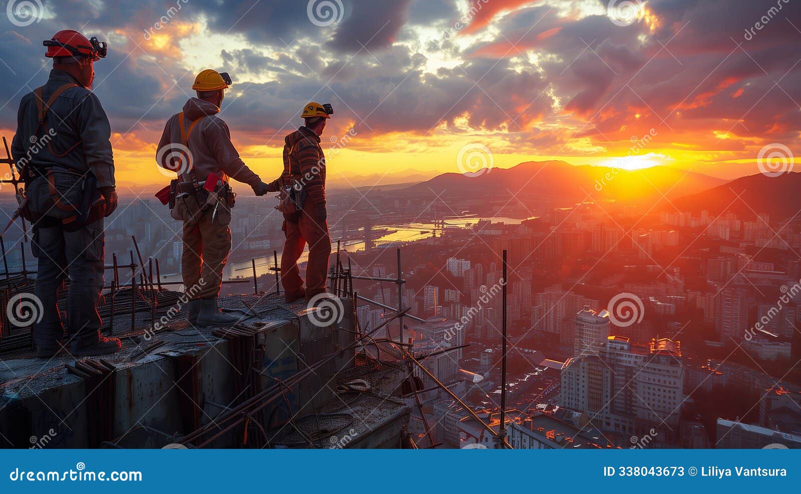 Construction Workers Overlooking the Cityscape at Sunset from a High ...