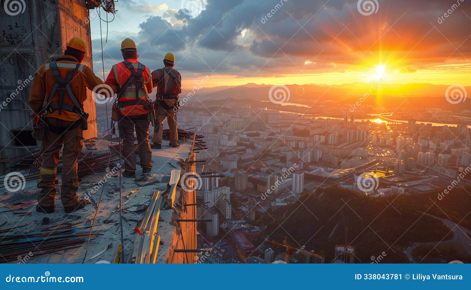 Construction Workers Overlooking the Cityscape at Sunset from a High ...