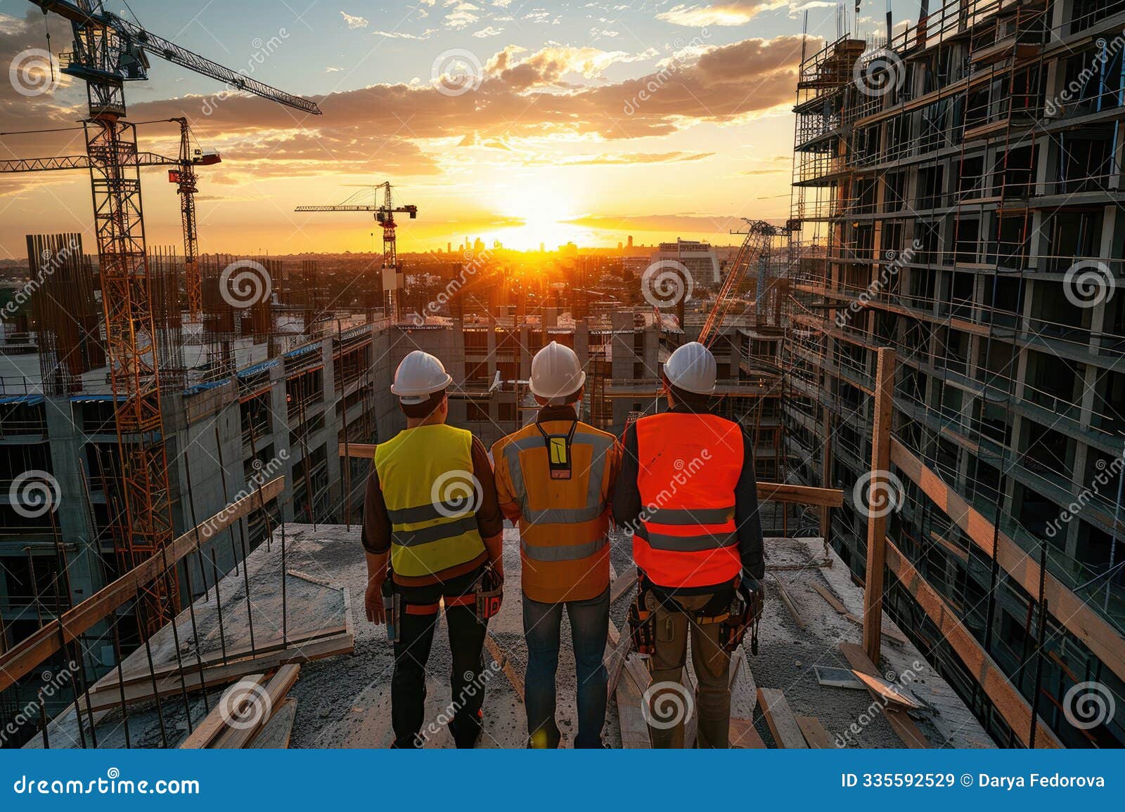 Construction Workers Overlooking Urban Skyline at Sunset on a Building ...