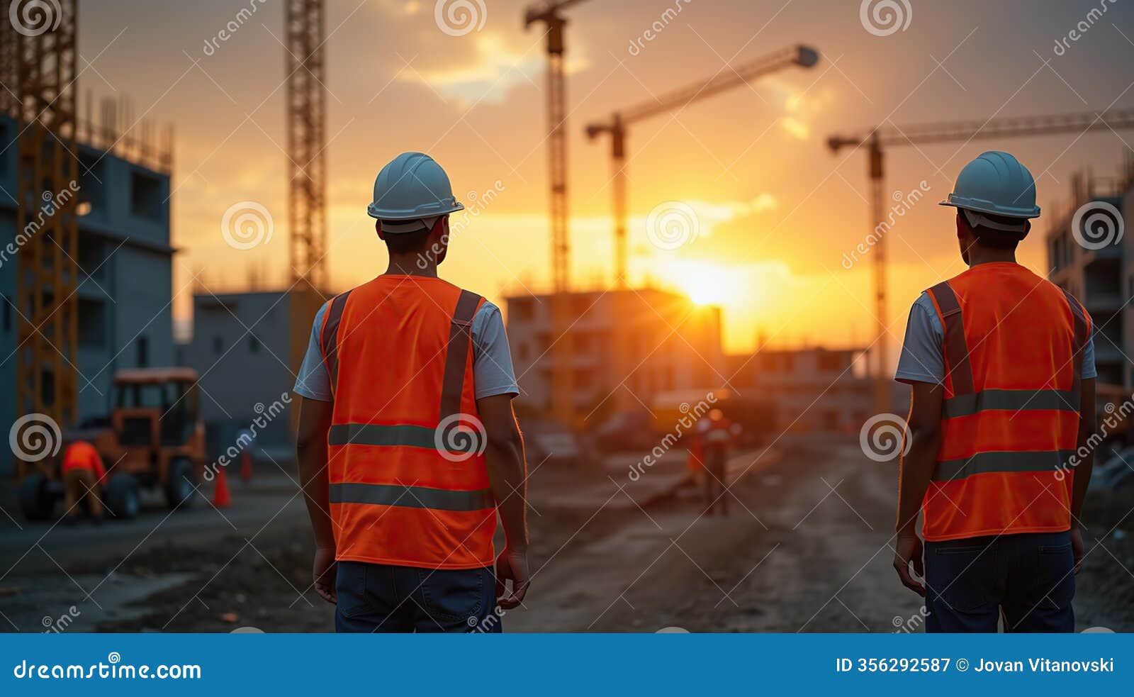 Construction Workers Overseeing Project at Sunset with Building Cranes ...