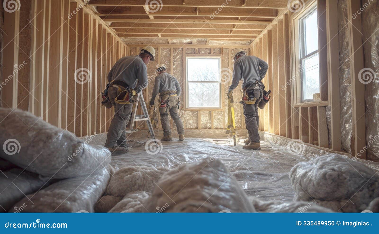 Construction Workers in a Partially-Built House Stock Illustration ...