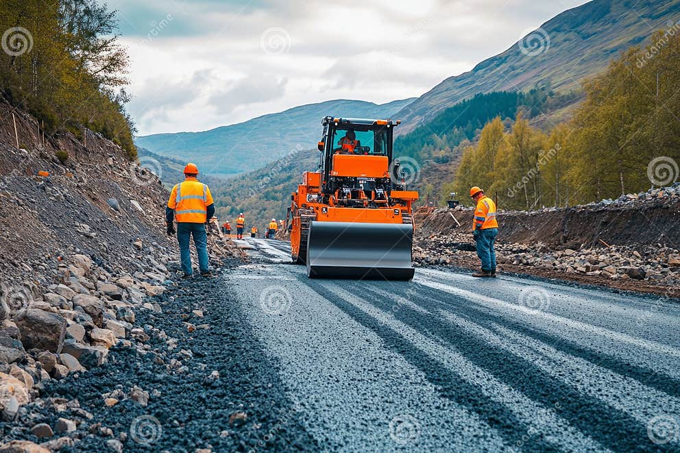 Construction Workers Paving a New Road in the Mountains. Heavy ...