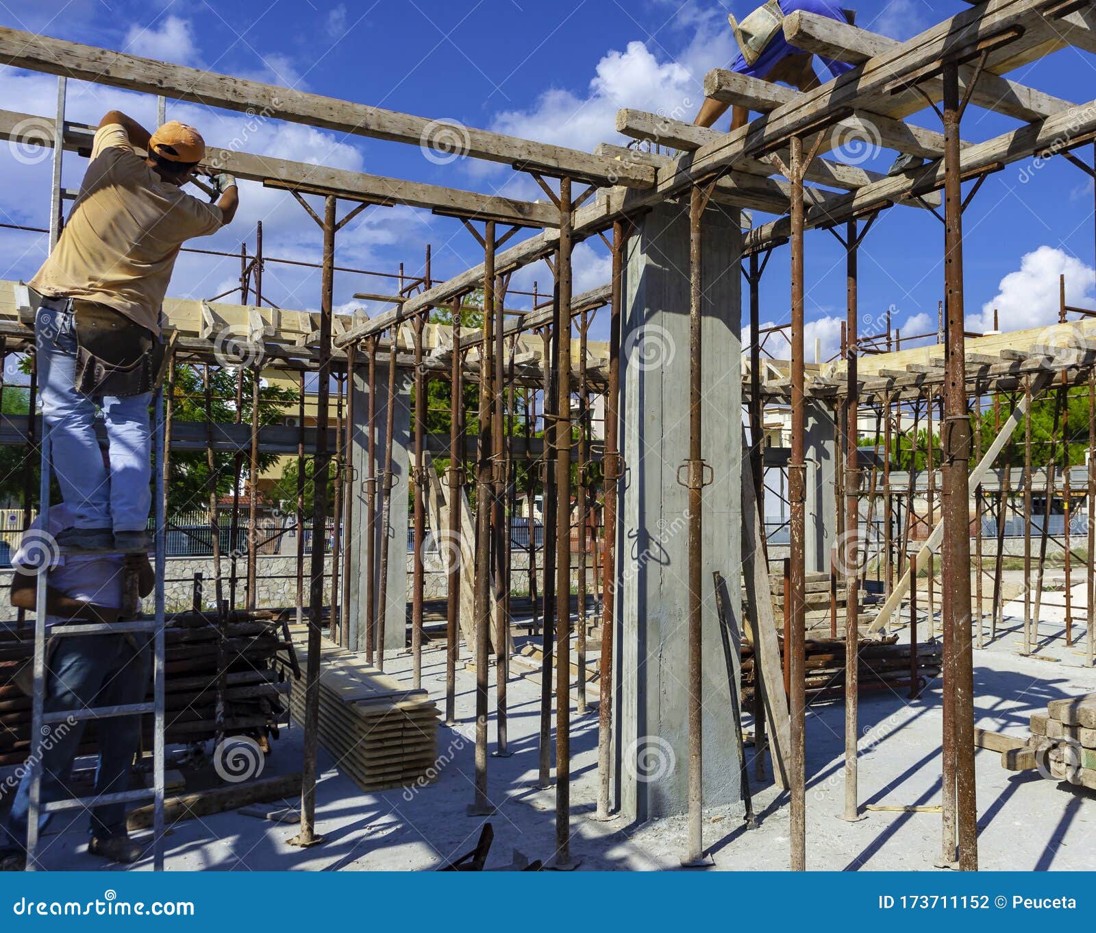 Construction Workers Perform the Wooden Formwork Stock Photo - Image of ...