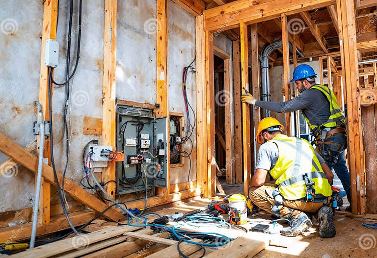Construction Workers Performing Electrical Installations in a New ...