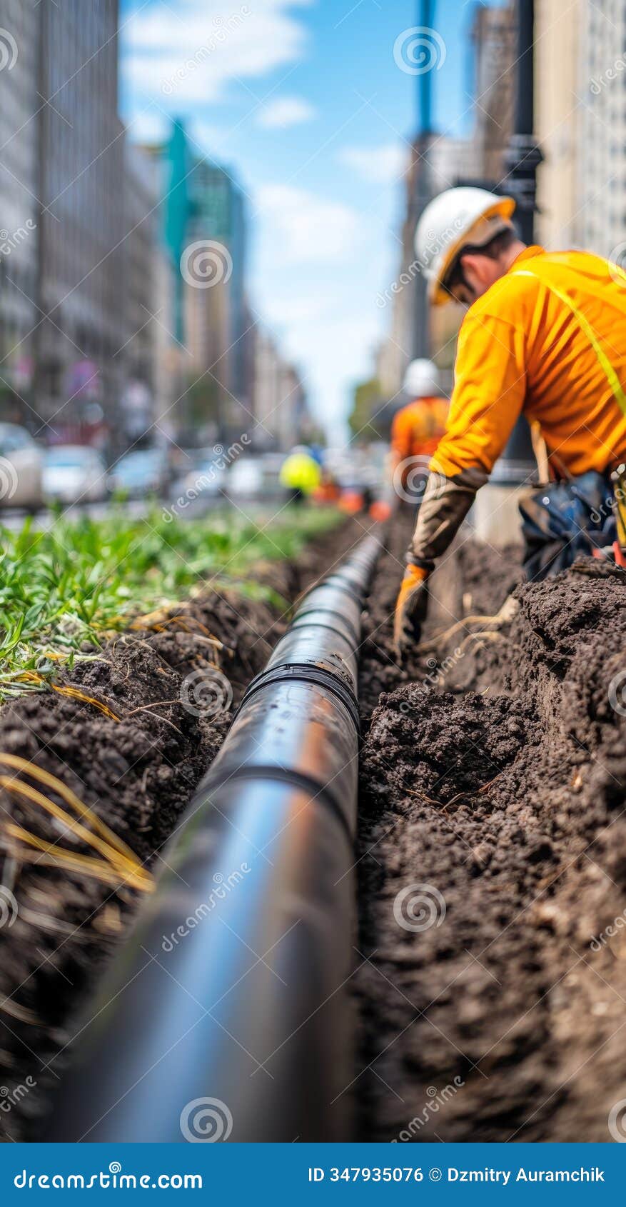 Construction Workers Place Underground Pipes for Utility Infrastructure ...