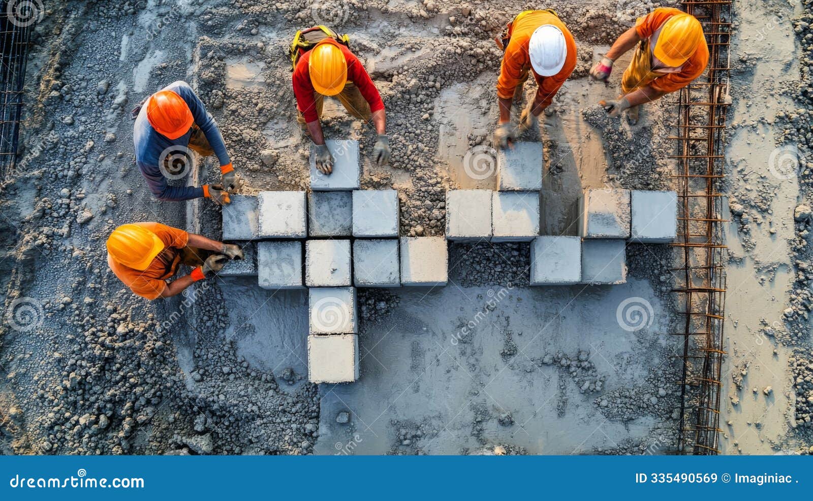 Construction Workers Placing Concrete Blocks on a Foundation Stock ...