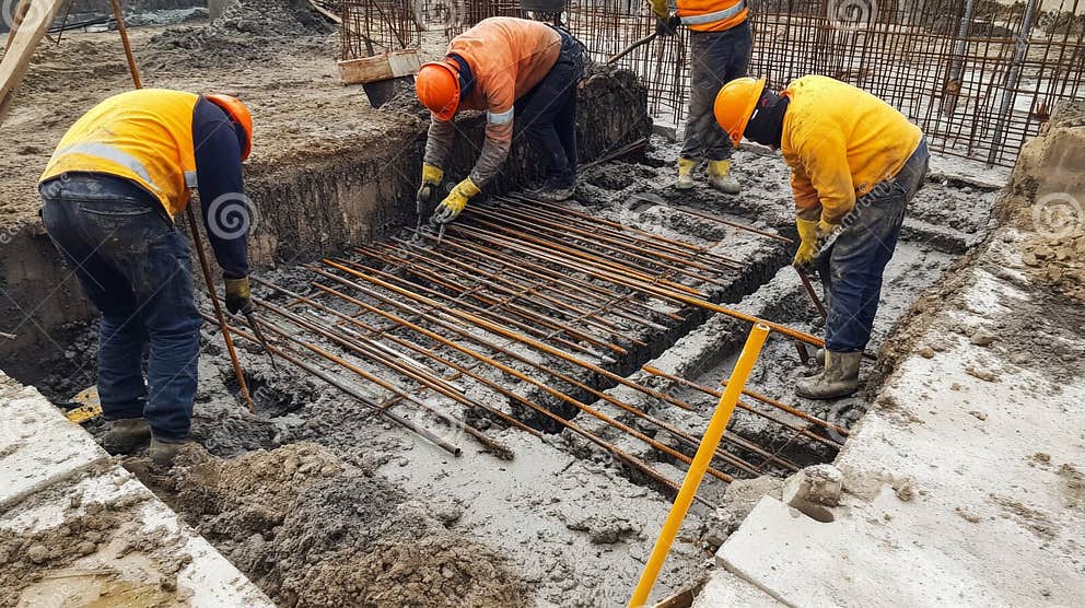 Construction Workers Placing Rebar in Wet Concrete Stock Illustration ...