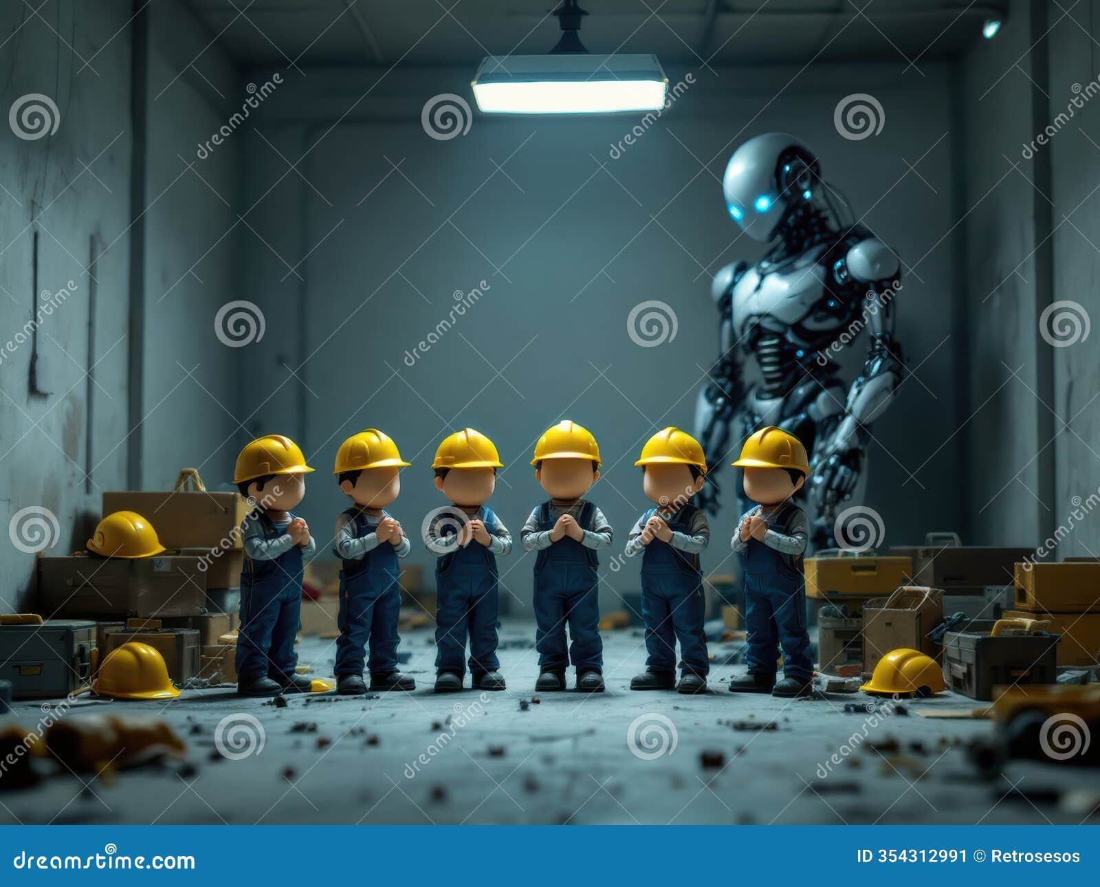 Construction Workers Praying Robot in Warehouse Stock Image - Image of ...