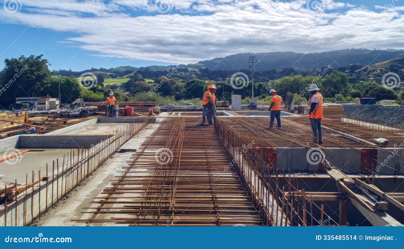 Construction Workers On A Rebar Grid On A New Concrete Structure Stock ...
