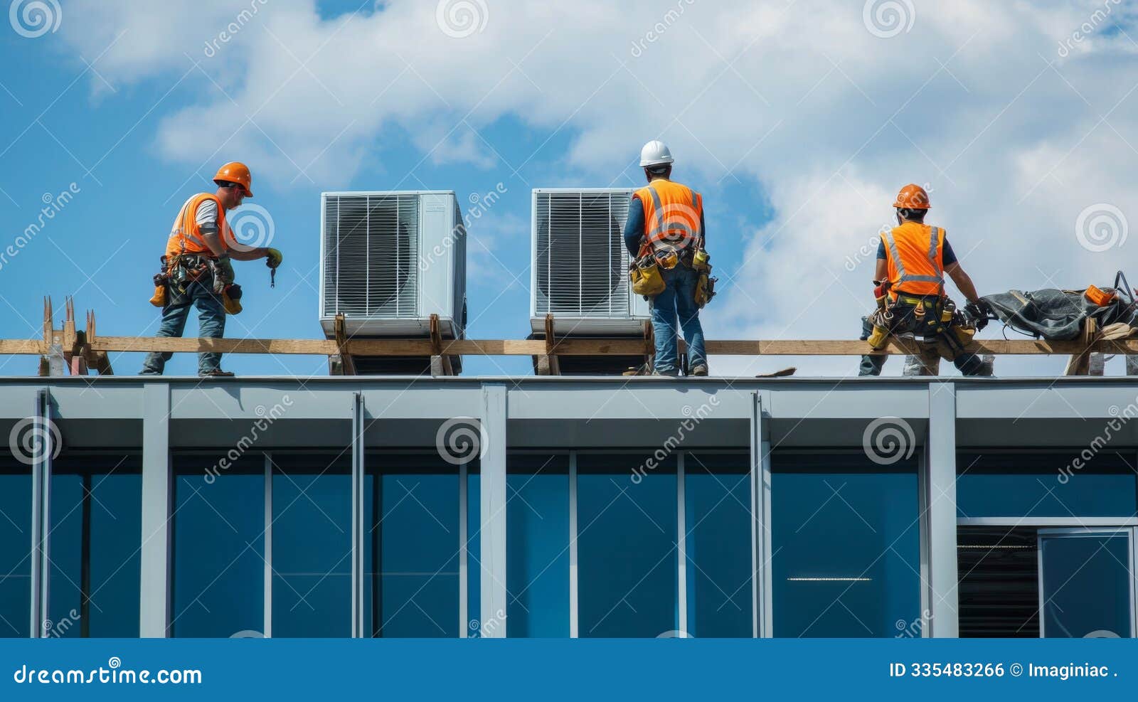 Construction Workers on a Rooftop with AC Units Stock Illustration ...