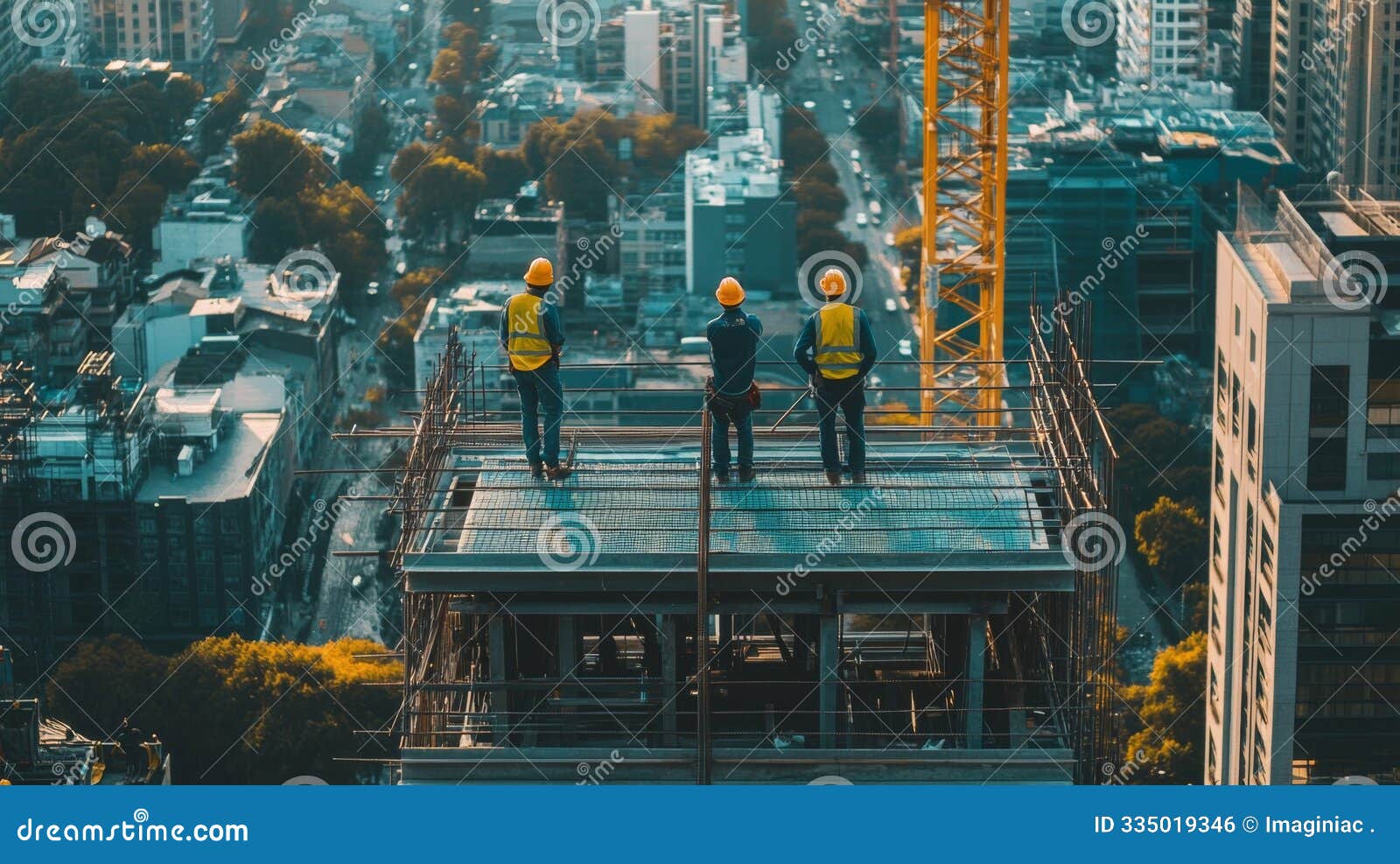 Construction Workers on a Rooftop Overlooking a Cityscape Stock ...