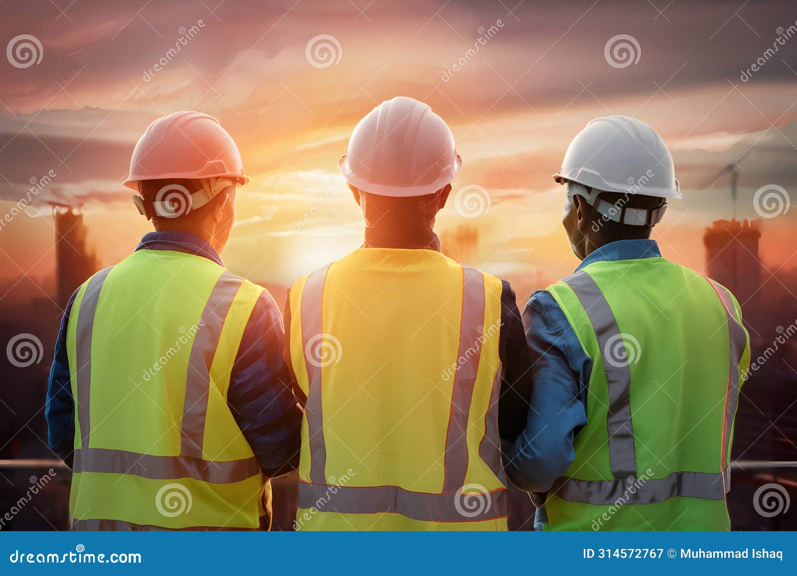 Construction Workers Safety Helmet with Sunset Sky Background Stock ...