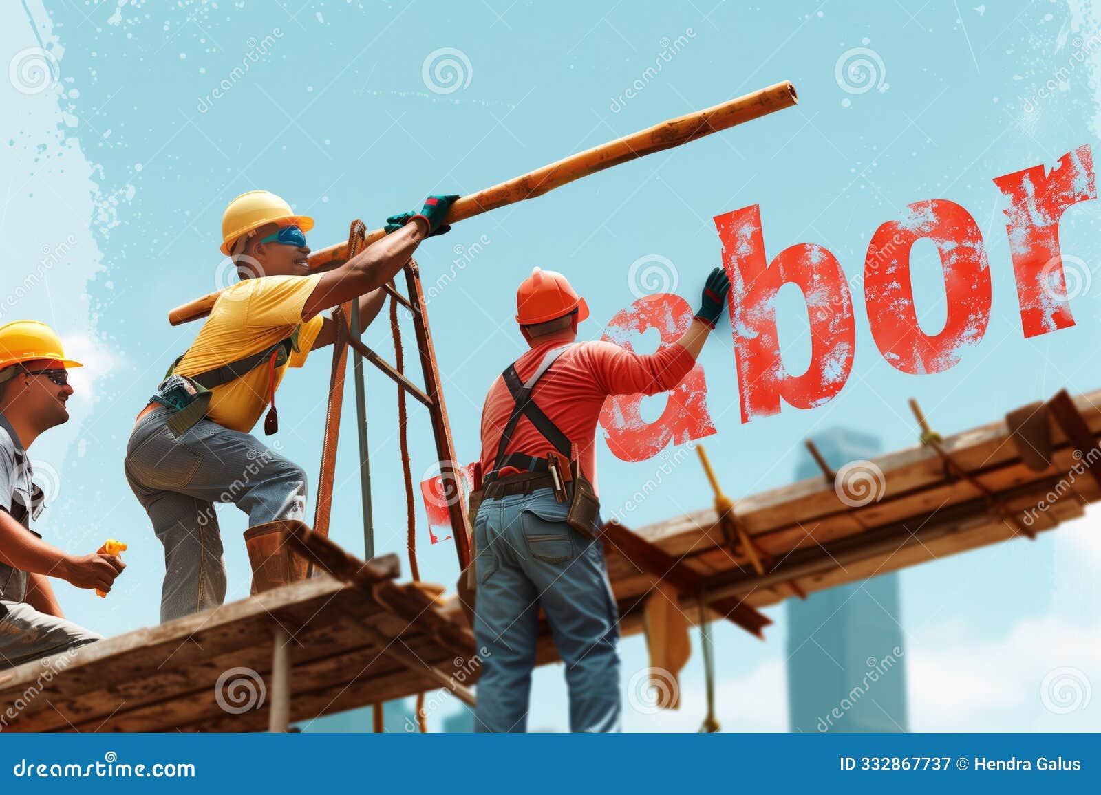 Construction Workers on Scaffold Placing Large Red "Labor" Letters ...