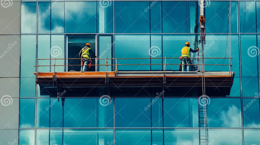 Construction Workers on Scaffolding Cleaning Windows of Modern Building Stock Illustration ...