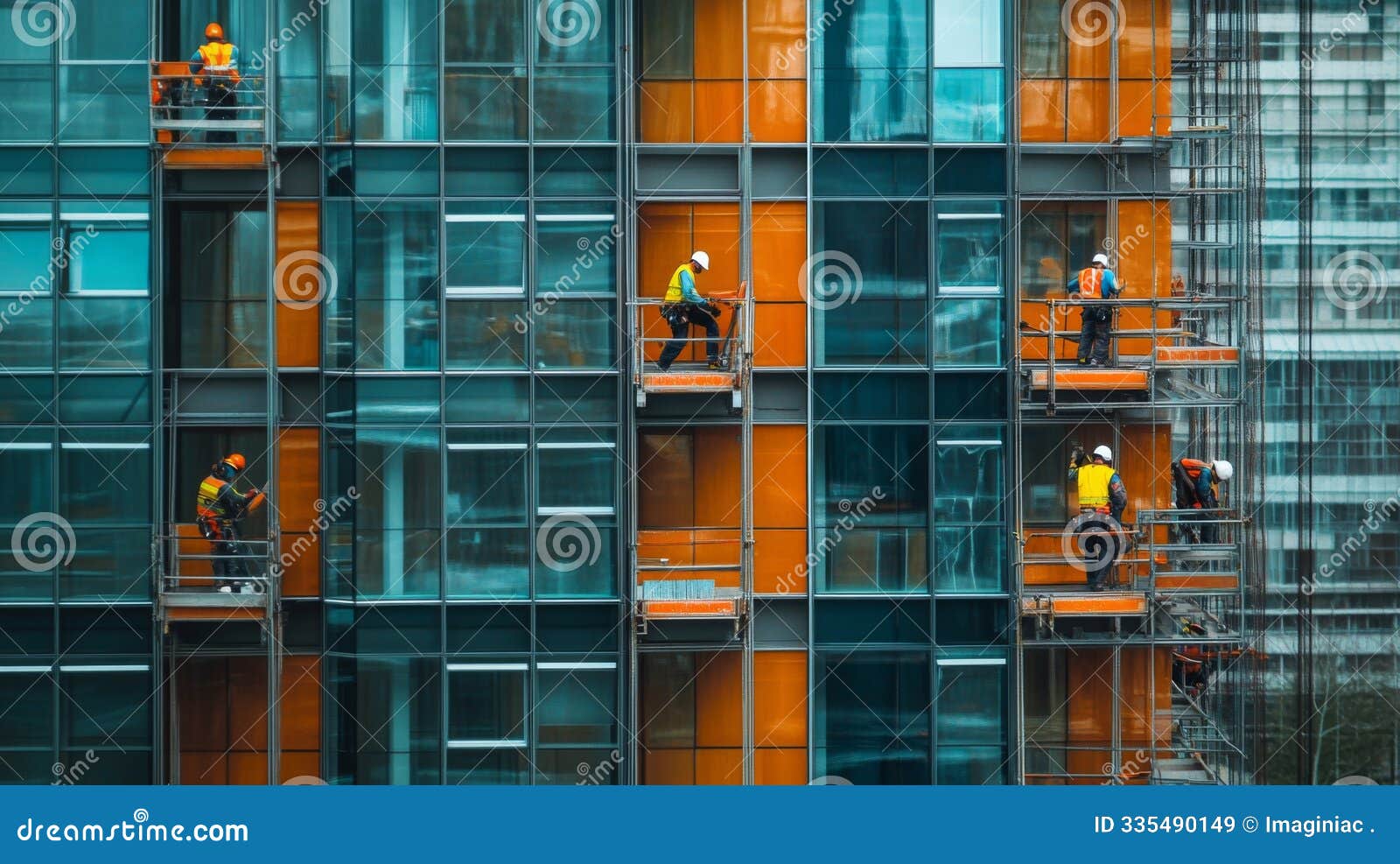 Construction Workers on Scaffolding Cleaning Windows of Modern Glass Building Stock Illustration ...