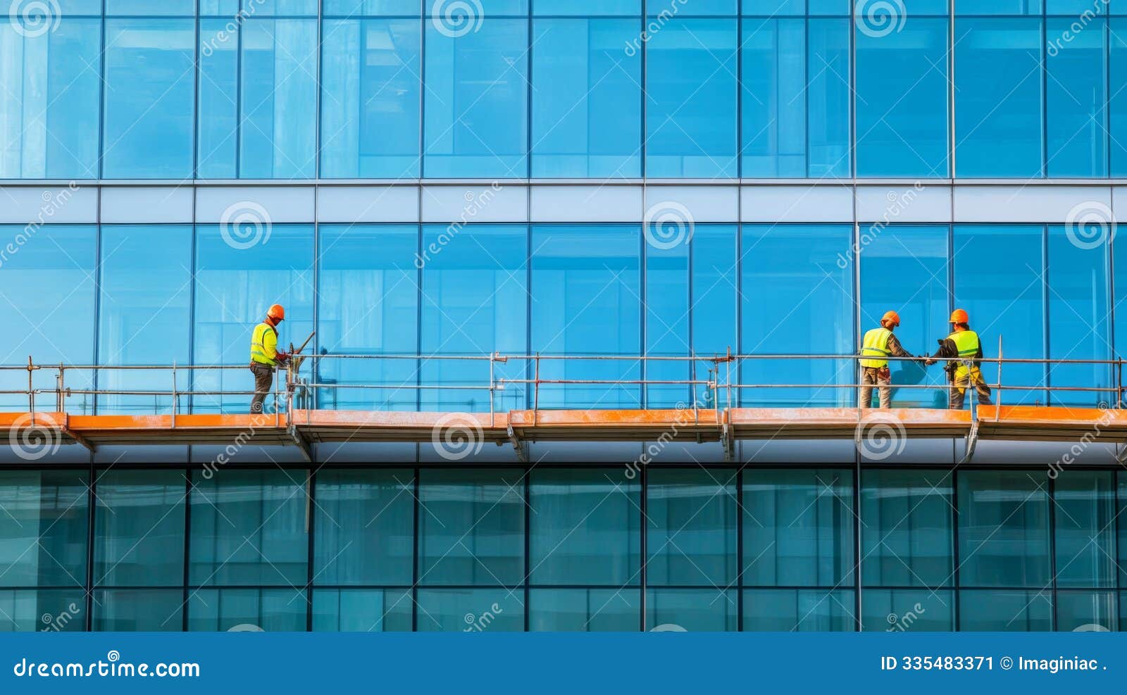 Construction Workers on Scaffolding Cleaning Windows of Modern Office ...