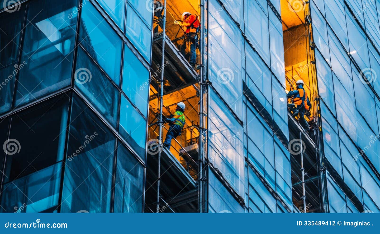 Construction Workers on Scaffolding Installing Glass Panels on a Modern ...