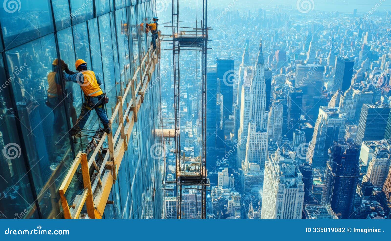 Construction Workers on Scaffolding Outside a Skyscraper with a View of ...