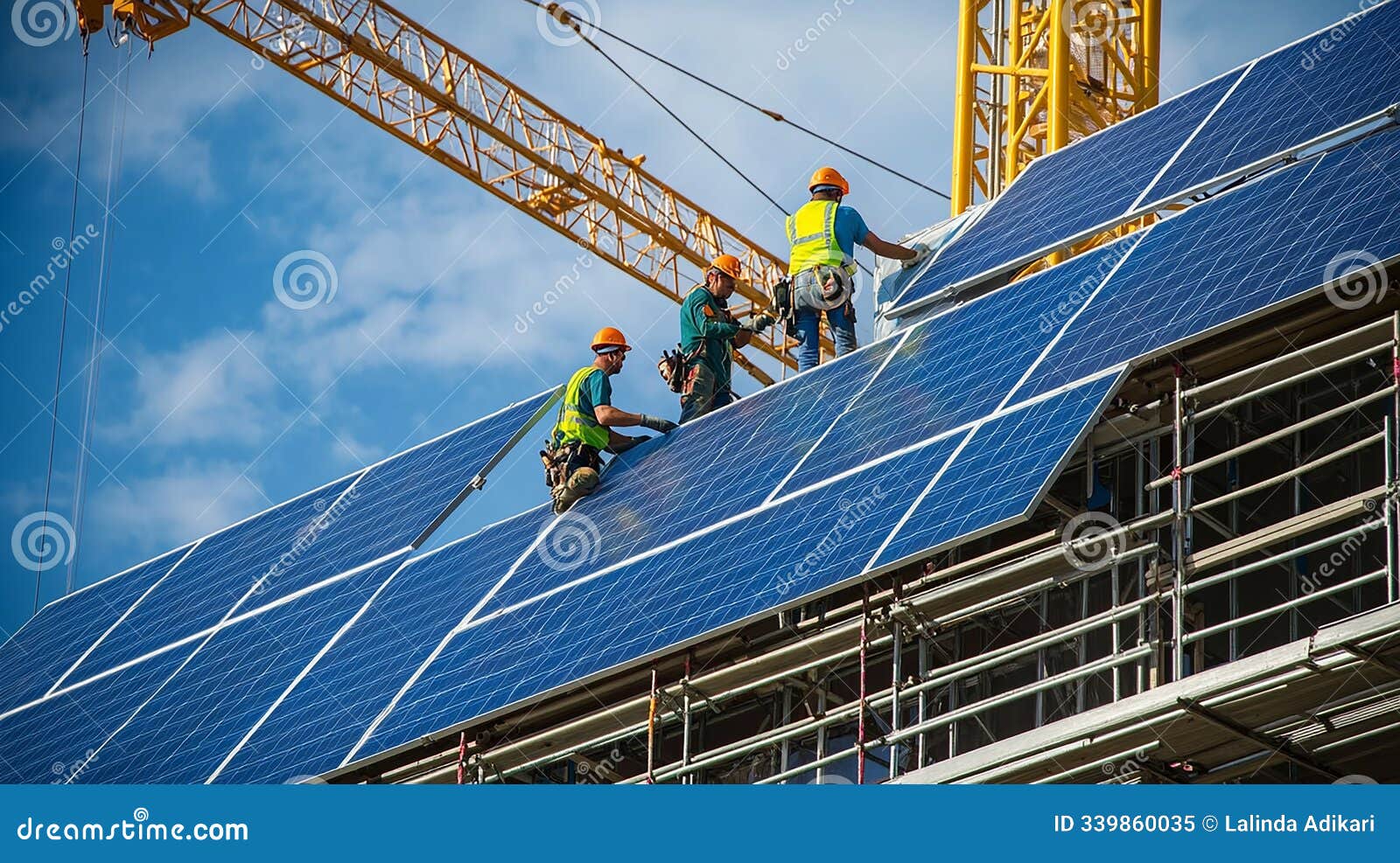 Construction Workers on Scaffolding Securing Solar Panels Stock ...