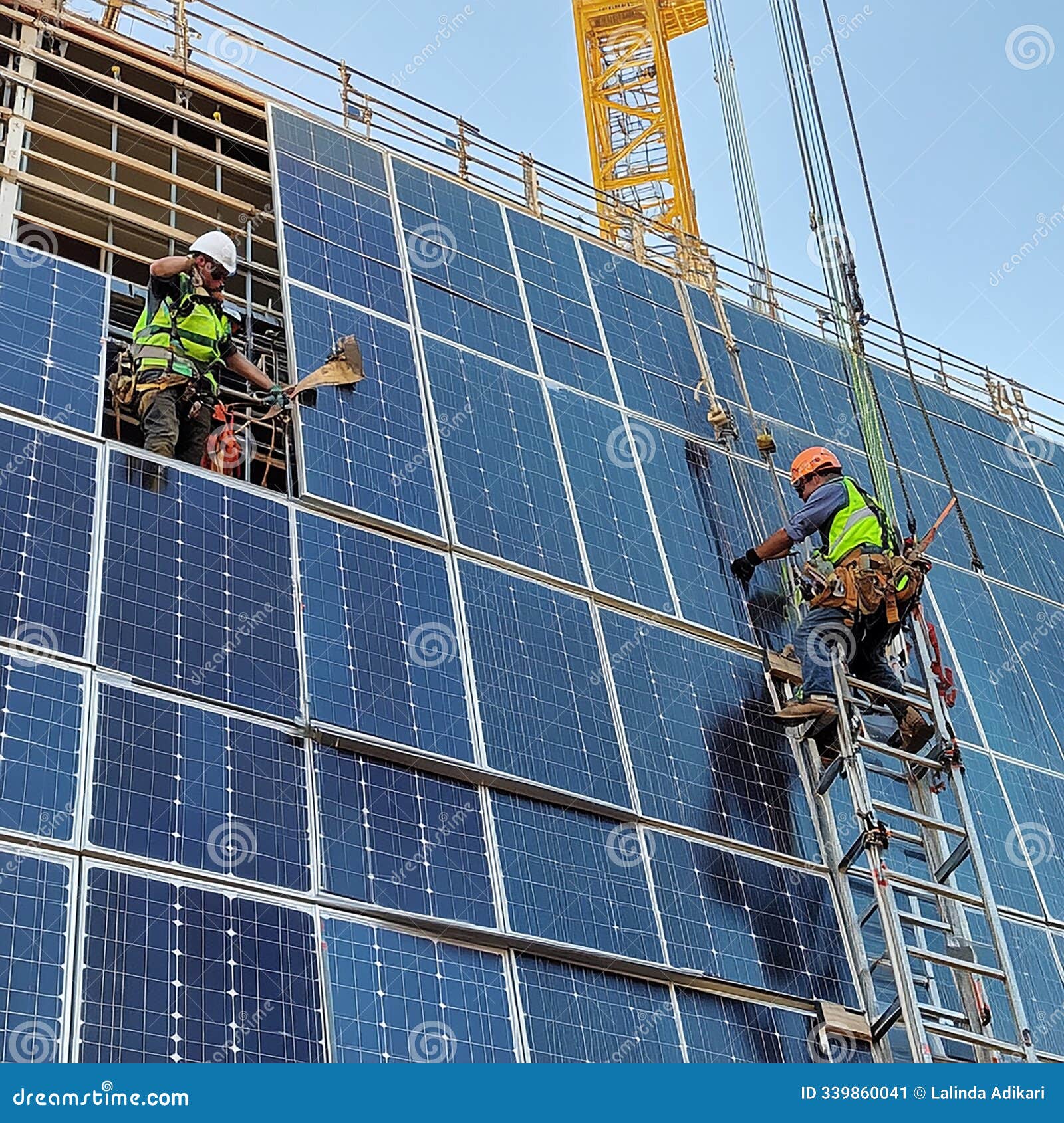 Construction Workers on Scaffolding Securing Solar Panels Stock ...