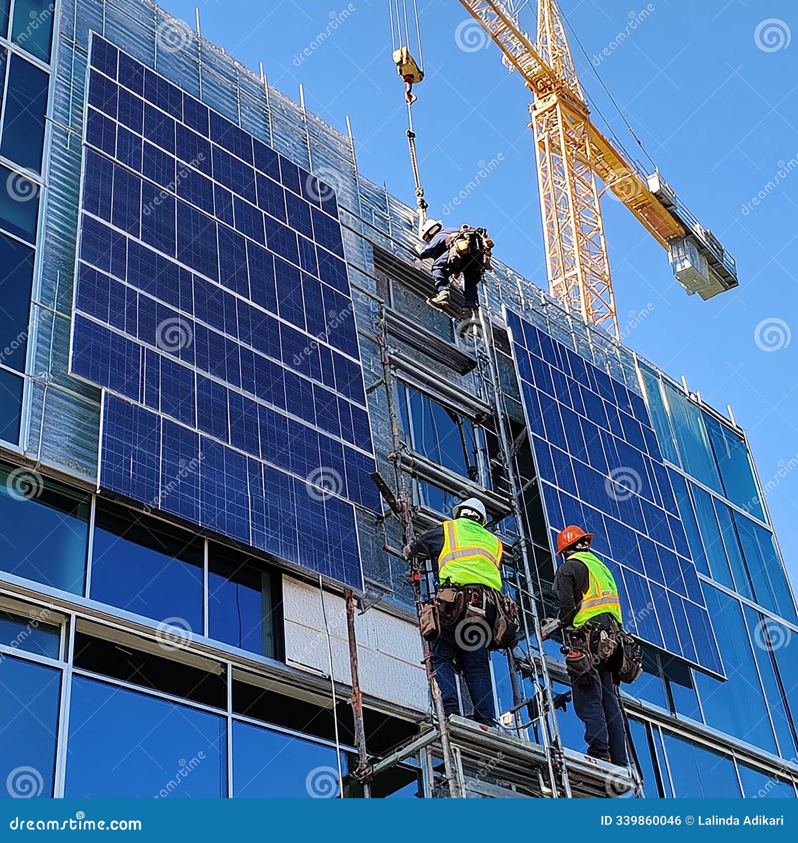 Construction Workers on Scaffolding Securing Solar Panels Stock ...