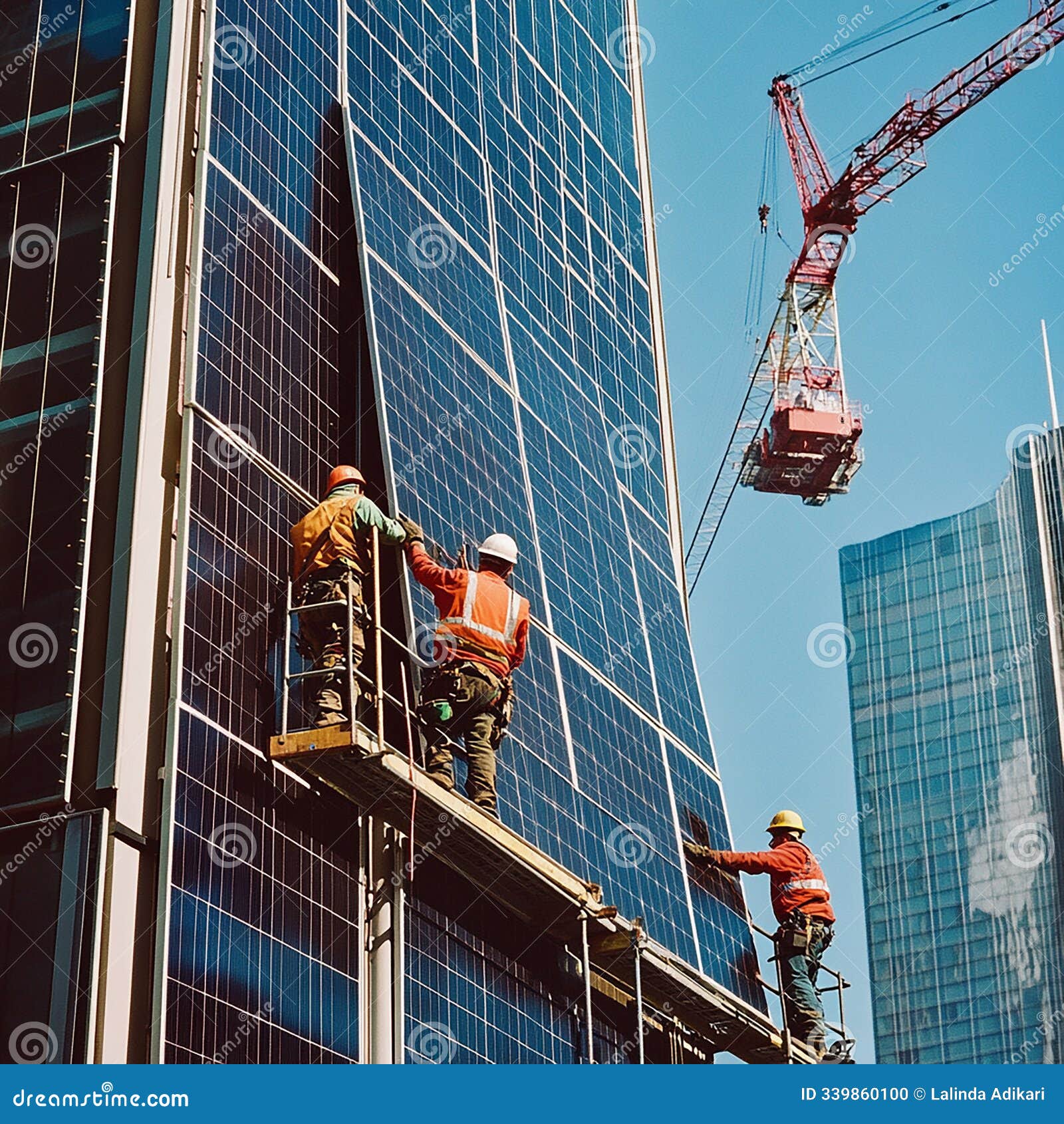 Construction Workers on Scaffolding Securing Solar Panels Stock ...
