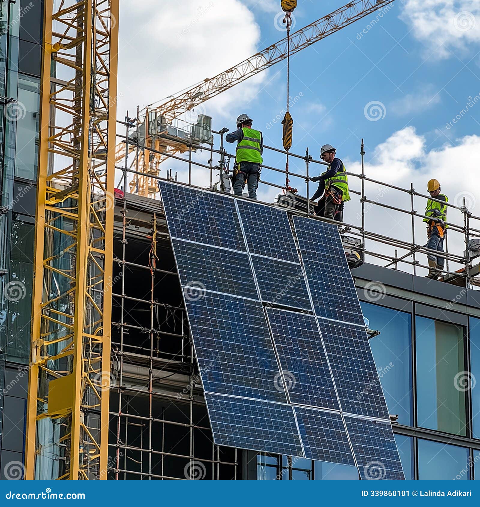 Construction Workers on Scaffolding Securing Solar Panels Stock ...