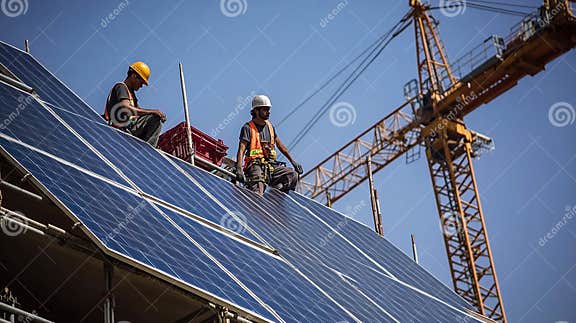 Construction Workers on Scaffolding Securing Solar Panels Stock Illustration - Illustration of ...