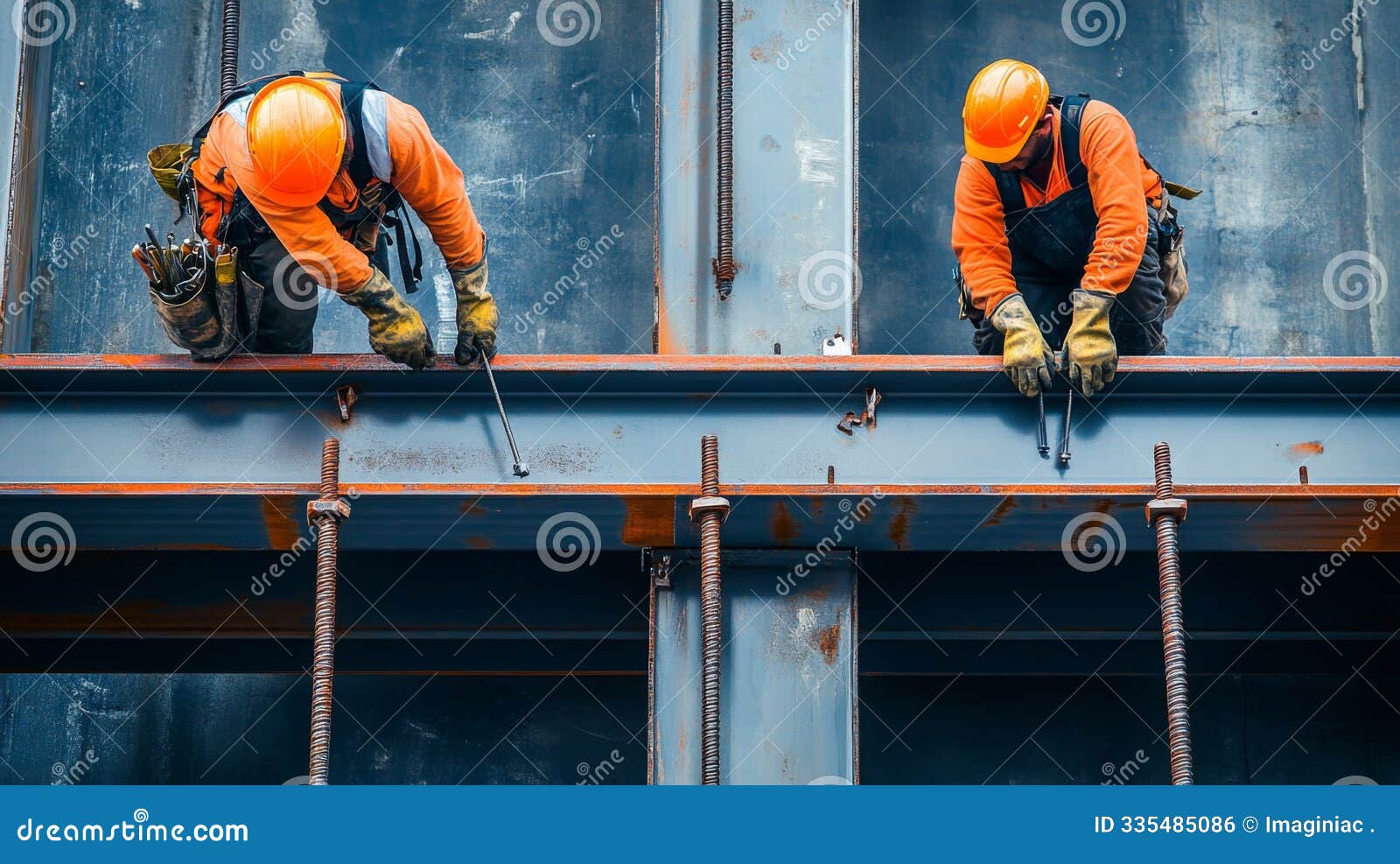 Construction Workers Securing Steel Beam with Tools Stock Illustration ...