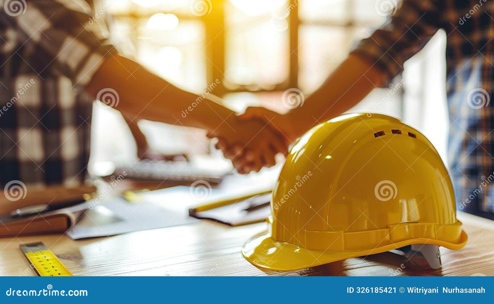 Construction Workers Shaking Hands with Safety Helmet Stock ...