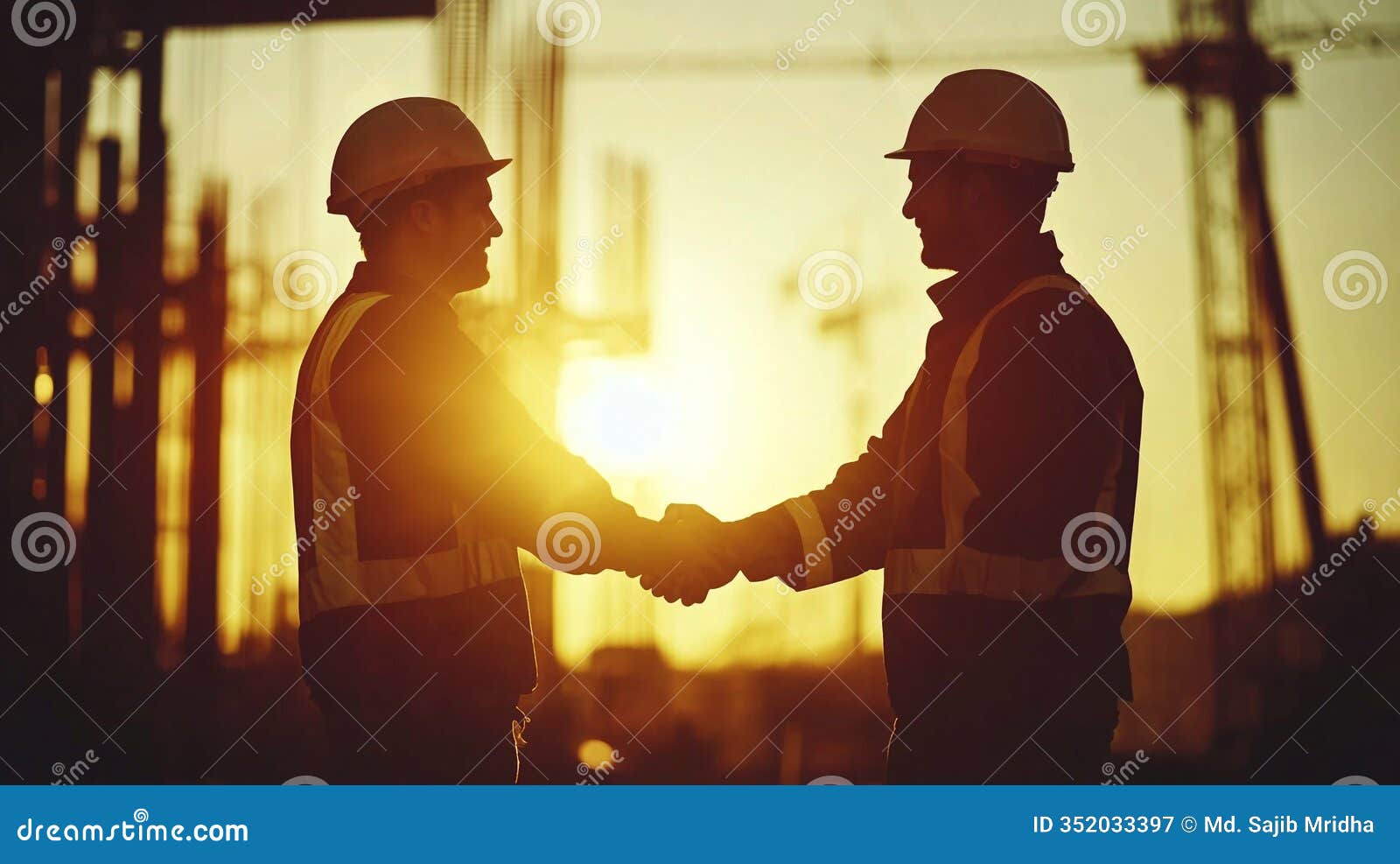 Construction Workers Shaking Hands at Sunset on a Building Site Generative AI Stock Image ...