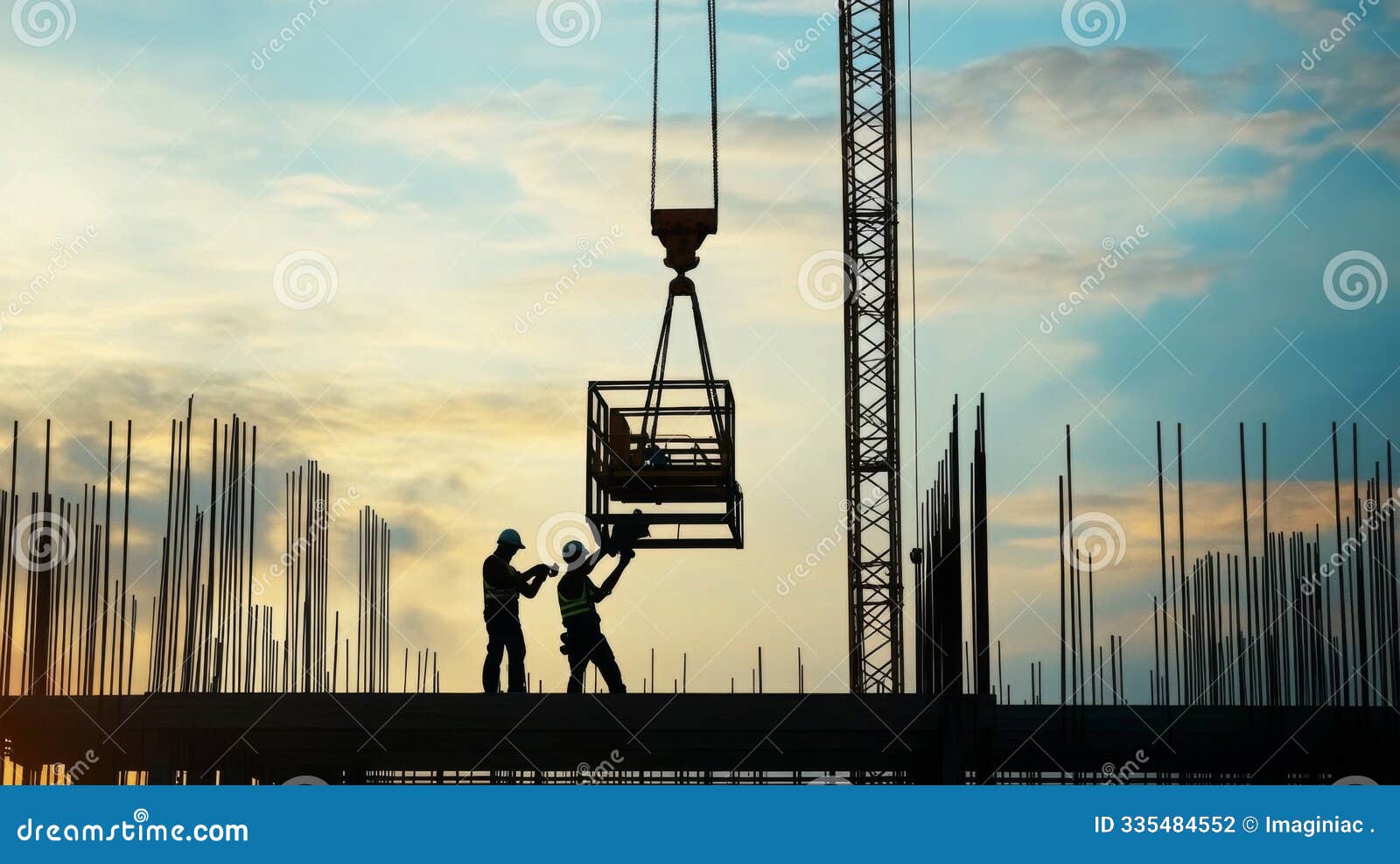 Construction Workers Silhouette With Crane And Beams Stock Photo ...